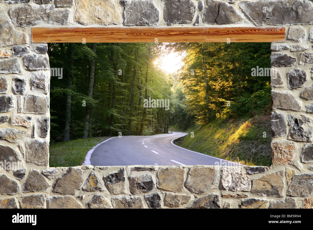 view through window road forest curve masonry wall Stock Photo - Alamy