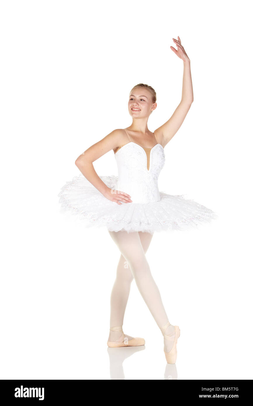 Young Caucasian Ballerina Girl Wearing A Tutu On White Background Stock