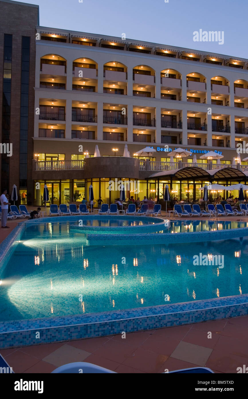 Sunny beach, (Slunchev Bryag), hotel and pool at twilight, Black Sea ...