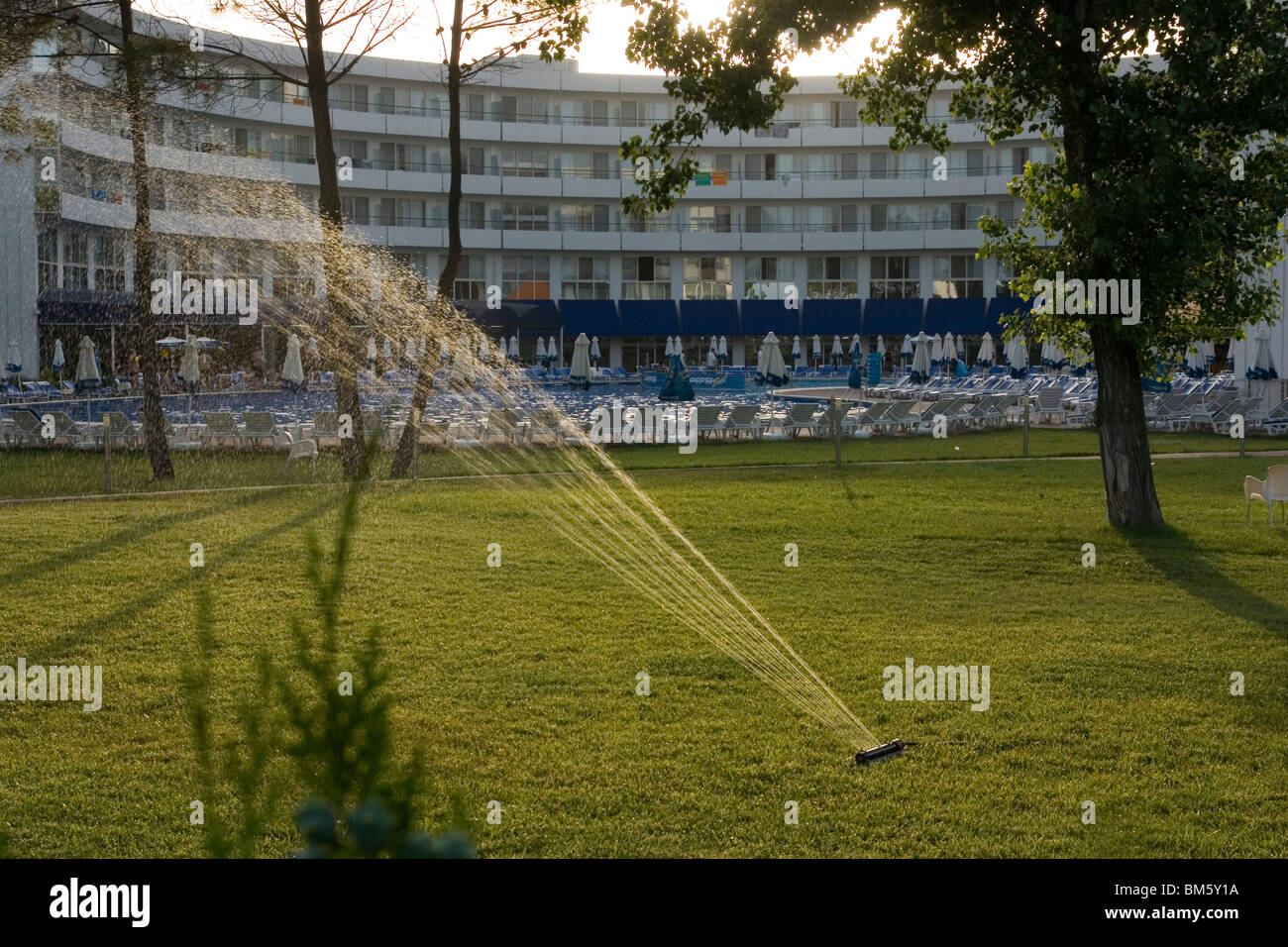 Sunny beach (Slunchev Bryag), Sprinkler on the grass, Black Sea, Balkan ...