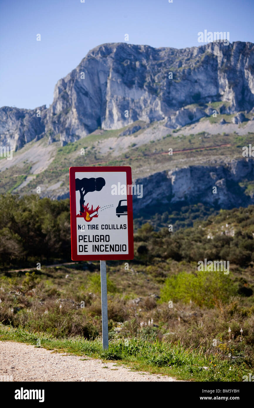 Fire danger sign Peligro de Incendio near Castell de Castells Marina ...