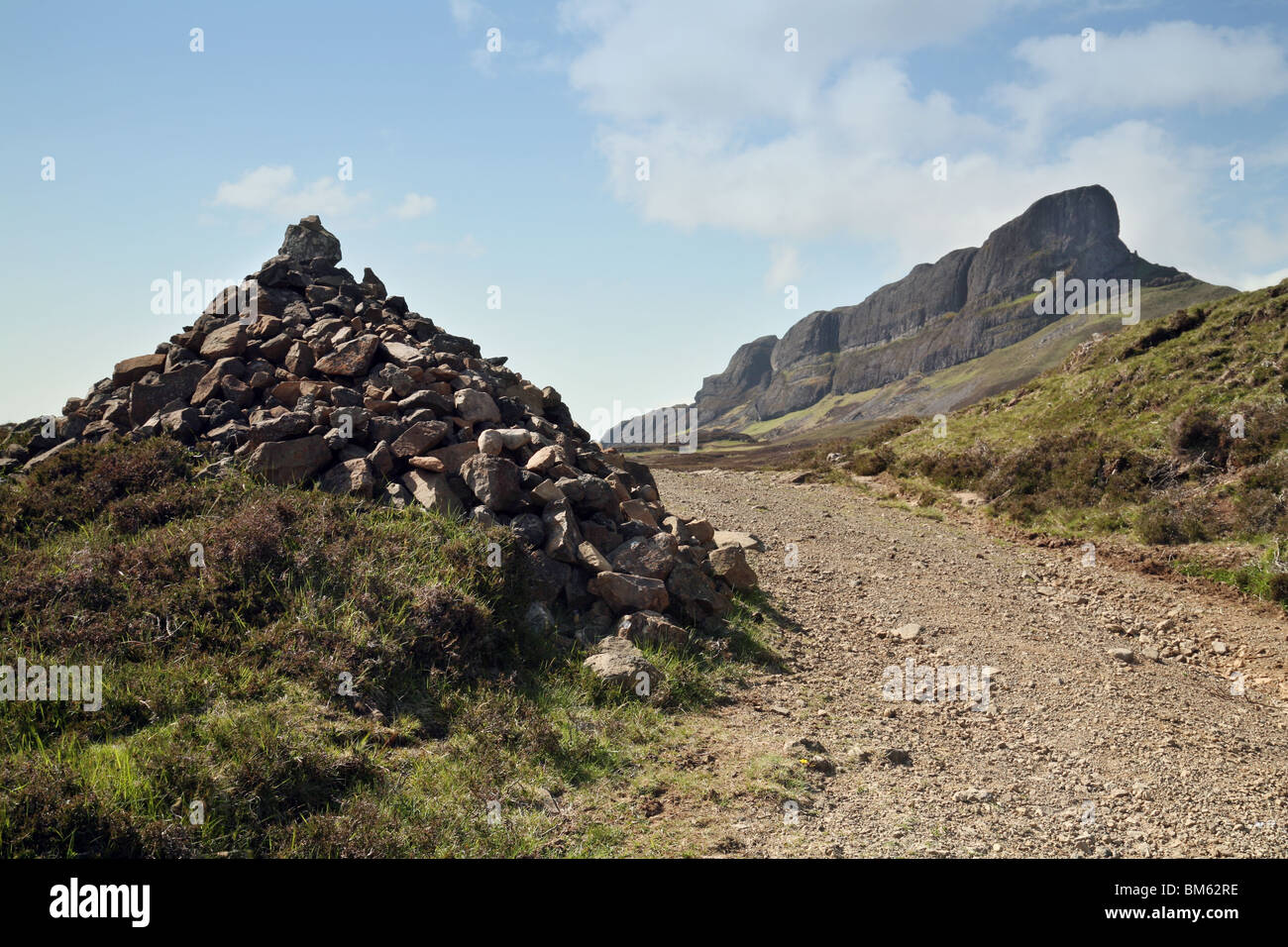 A cairn on the route to the rocky outcrop of An Sgurr, highest point on ...