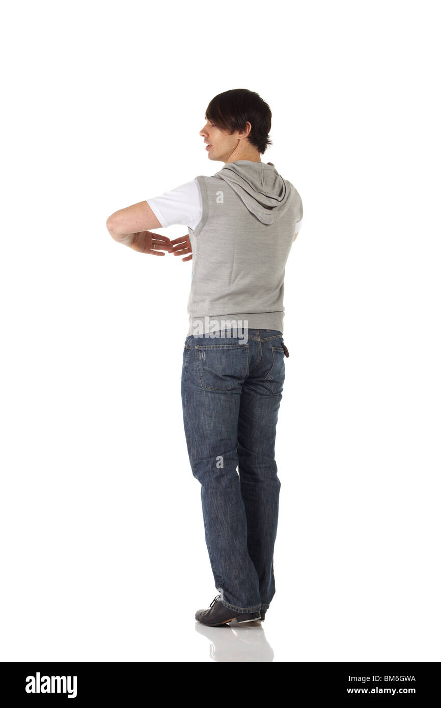 Single Caucasian male tap dancer wearing jeans showing various steps in ...