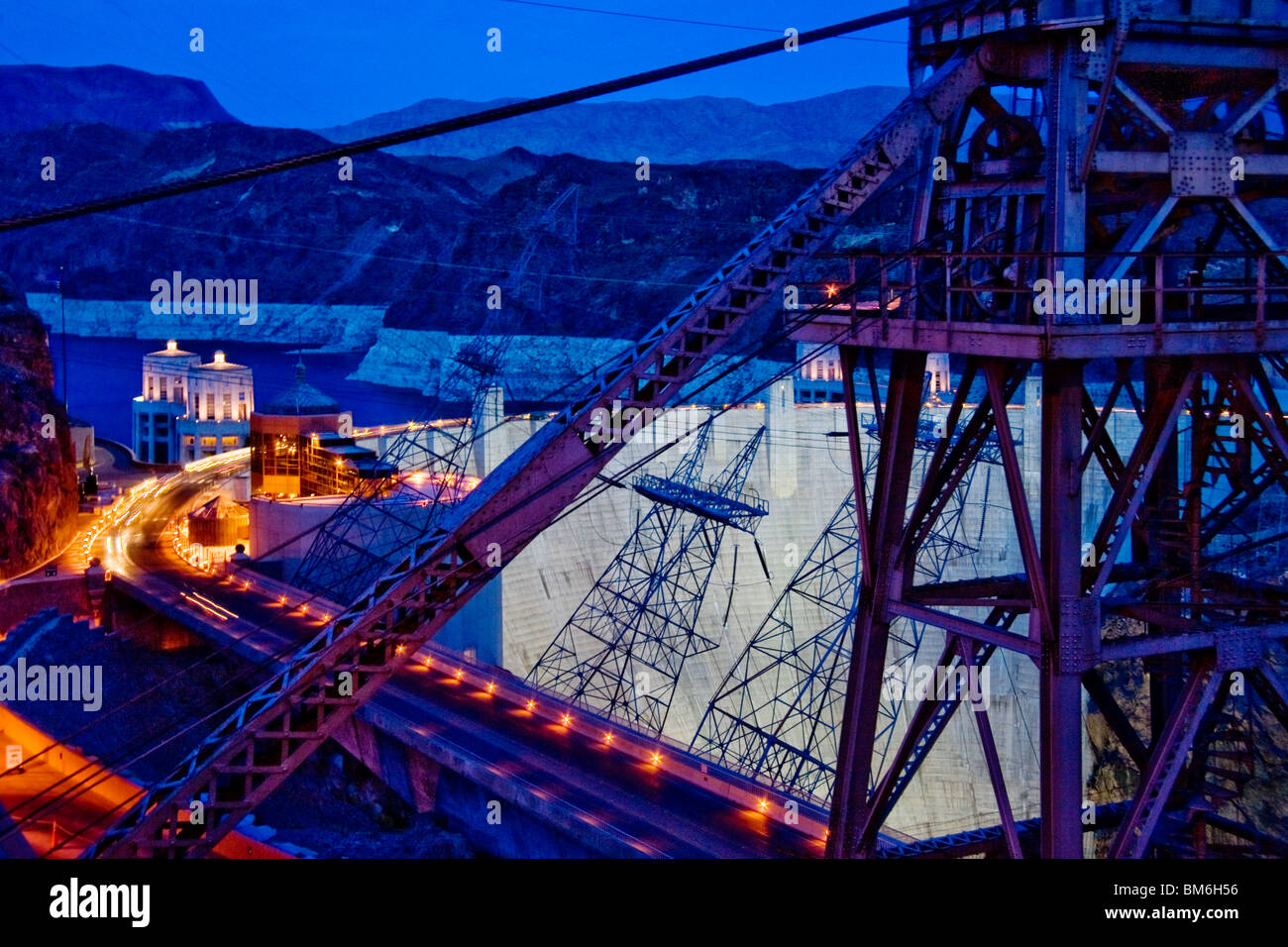 Evening view of Hoover Dam, a concrete arch-gravity dam in the Colorado ...