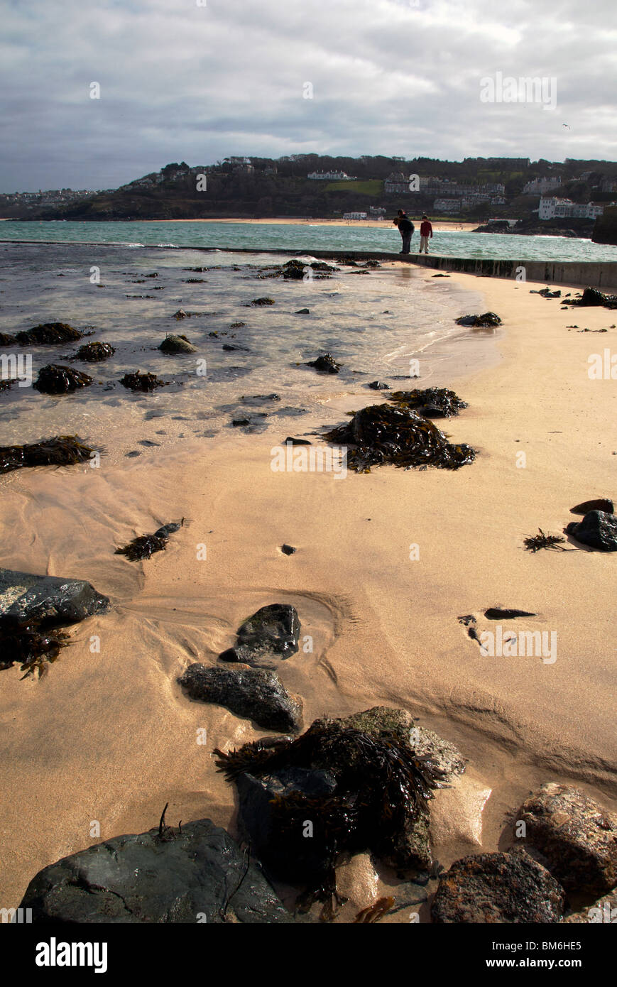 St Ives Cornwall UK Beach Sand Rocks Surf Groyne Seaweed Stock Photo ...