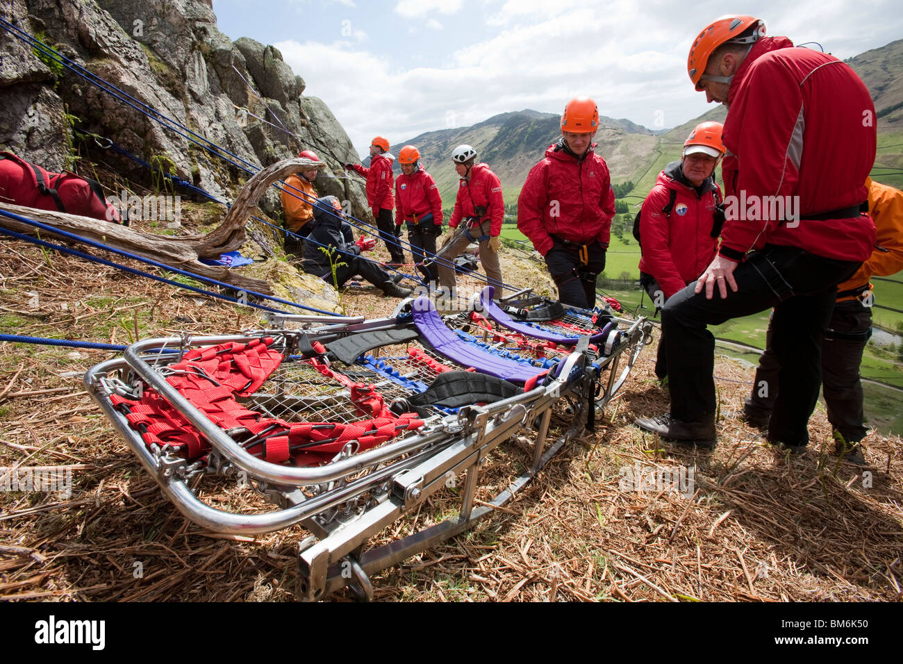 Members of the Langdale/Ambleside Mountain Rescue Team preparing for a ...