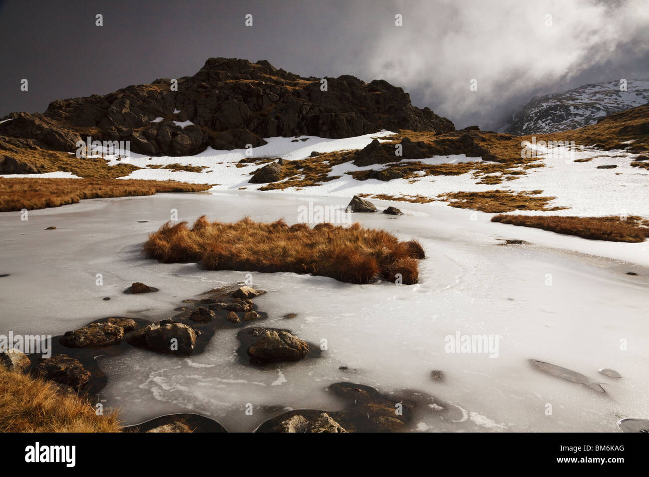 Ice covered tarn at Black Sail Pass brightly backlit under grey clouds ...