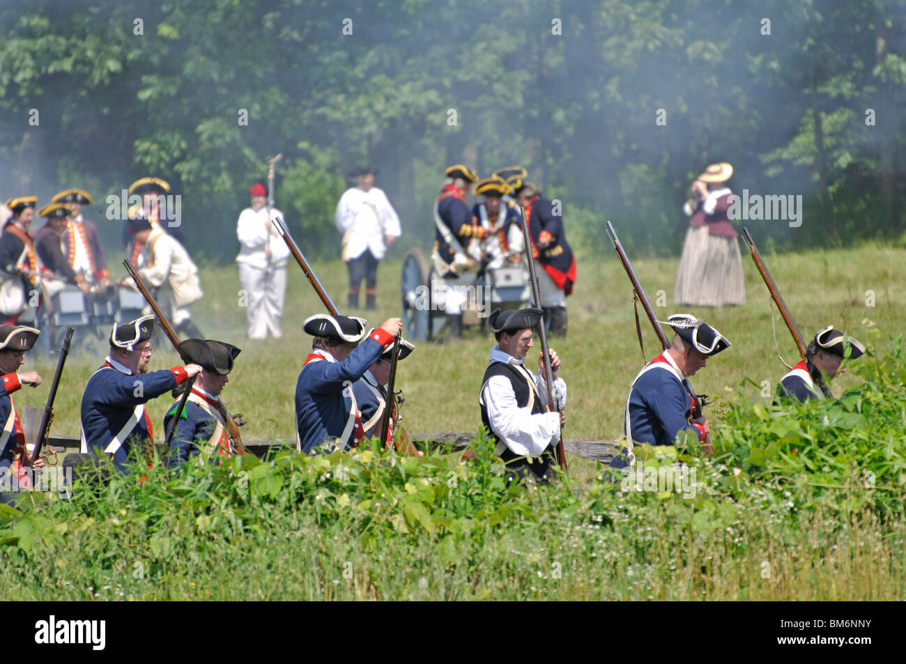 American patriots in battle - costumed American Revolutionary War era ...