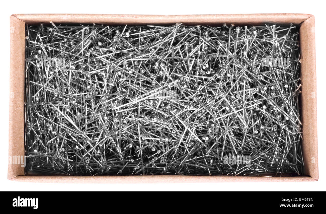 Close-up of straight pins in a box Stock Photo - Alamy