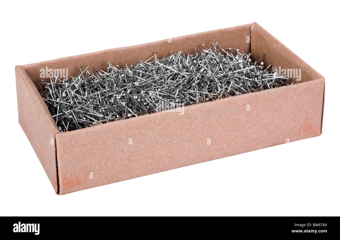 Close-up of straight pins in a box Stock Photo - Alamy