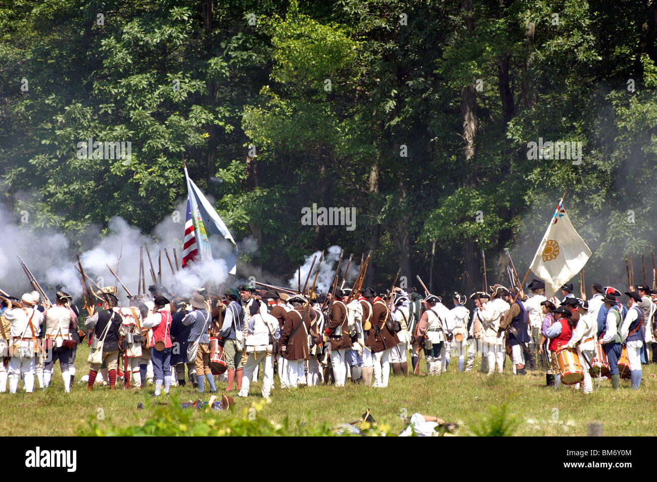 American patriots in battle - costumed American Revolutionary War era ...
