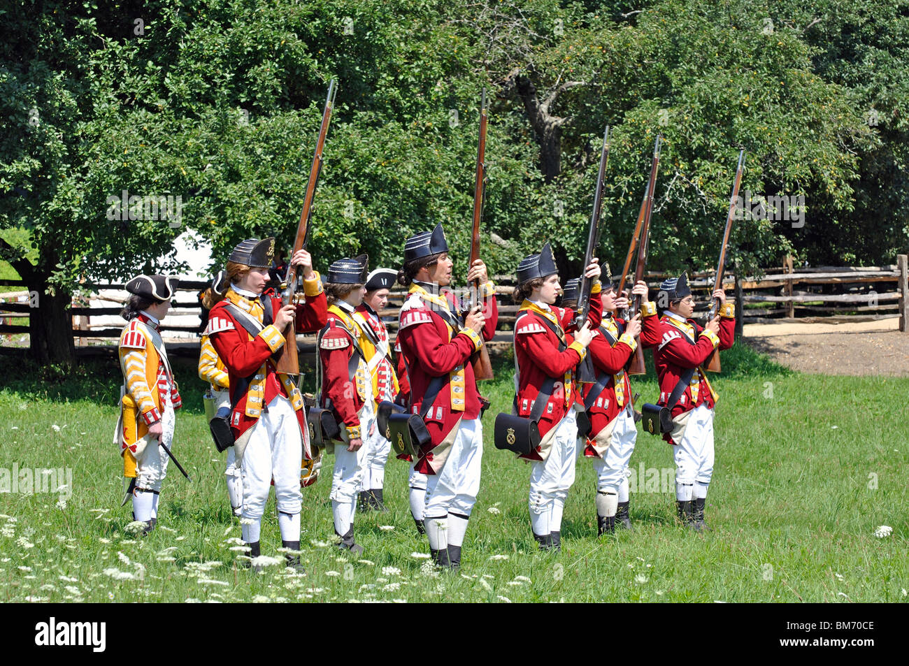 American patriots in battle - costumed American Revolutionary War era ...