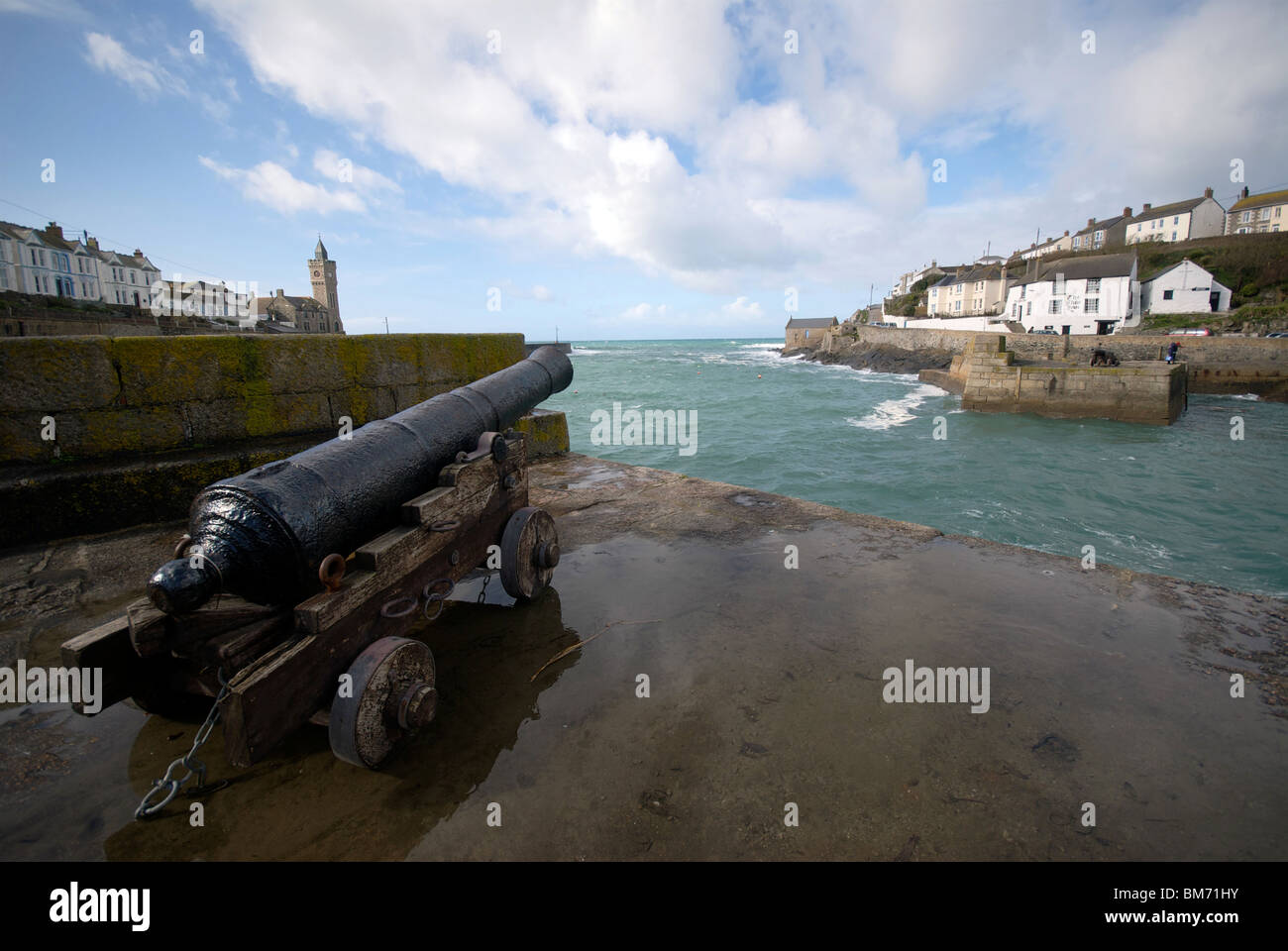 Porthleven Cornwall UK Harbour Harbor Quay Cannon Sea Stock Photo - Alamy