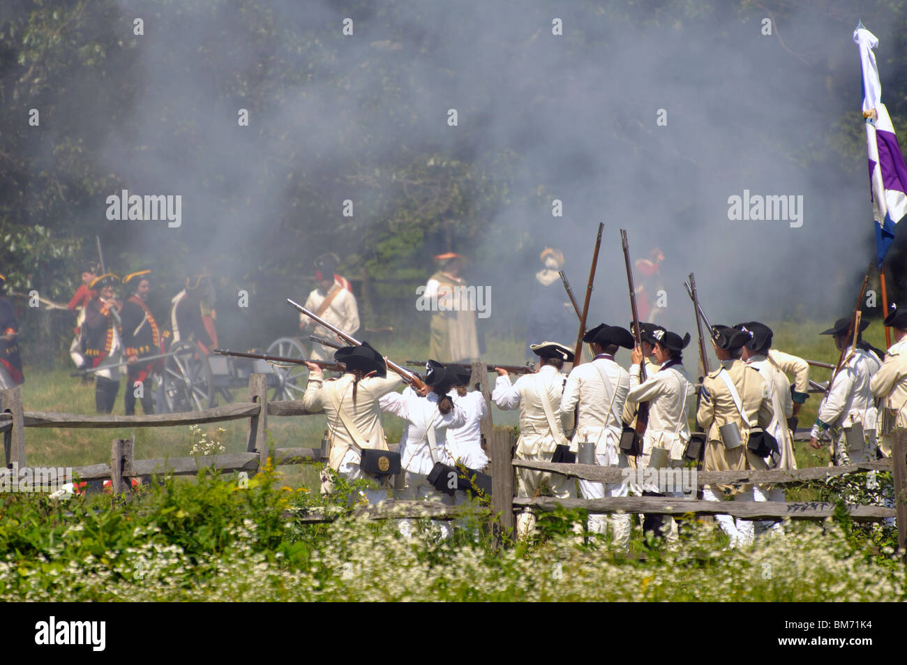 American patriots in battle - costumed American Revolutionary War era ...