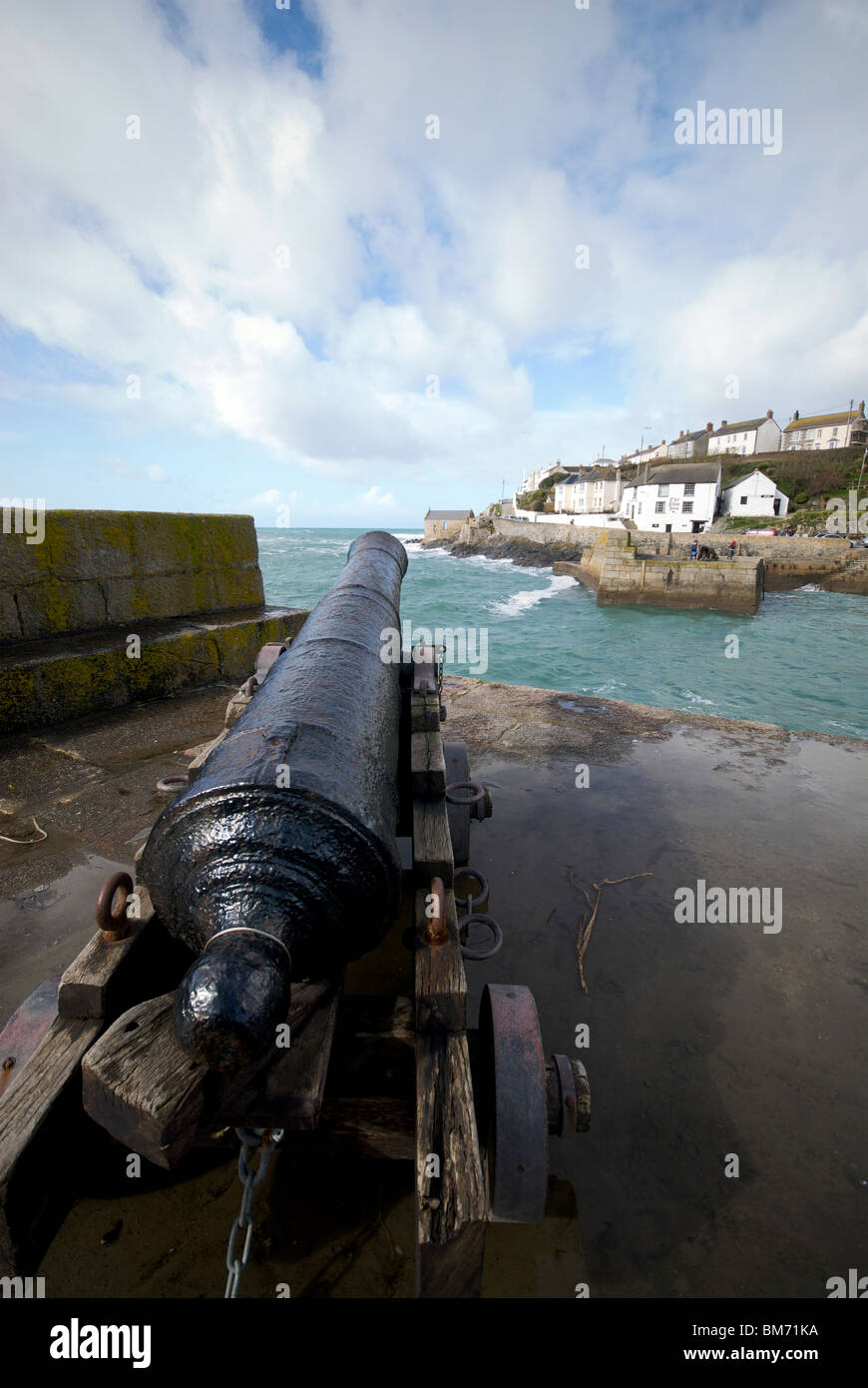 Porthleven Cornwall UK Harbour Harbor Quay Cannon Sea Stock Photo - Alamy