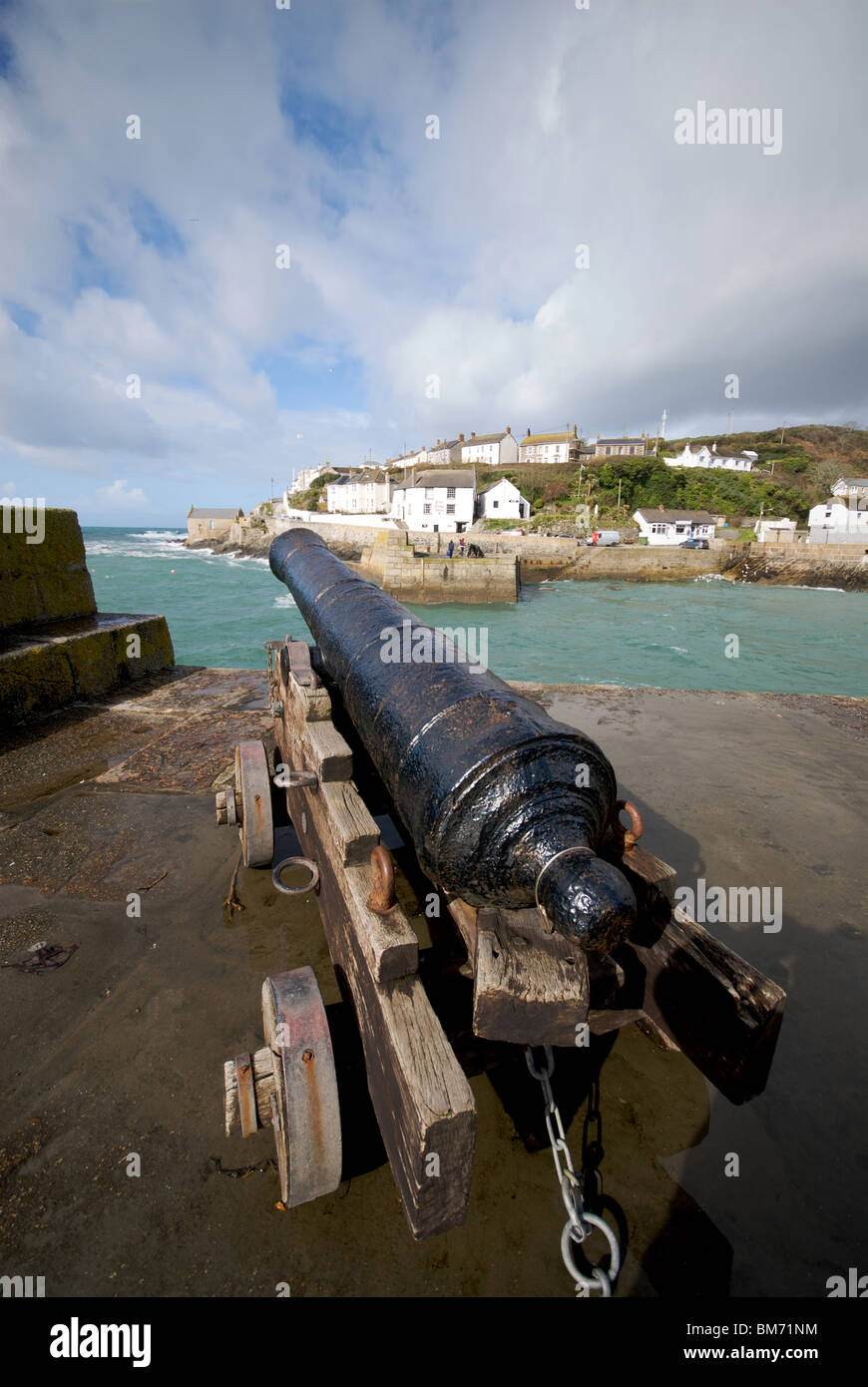 Porthleven Cornwall UK Harbour Harbor Quay Cannon Sea Stock Photo - Alamy