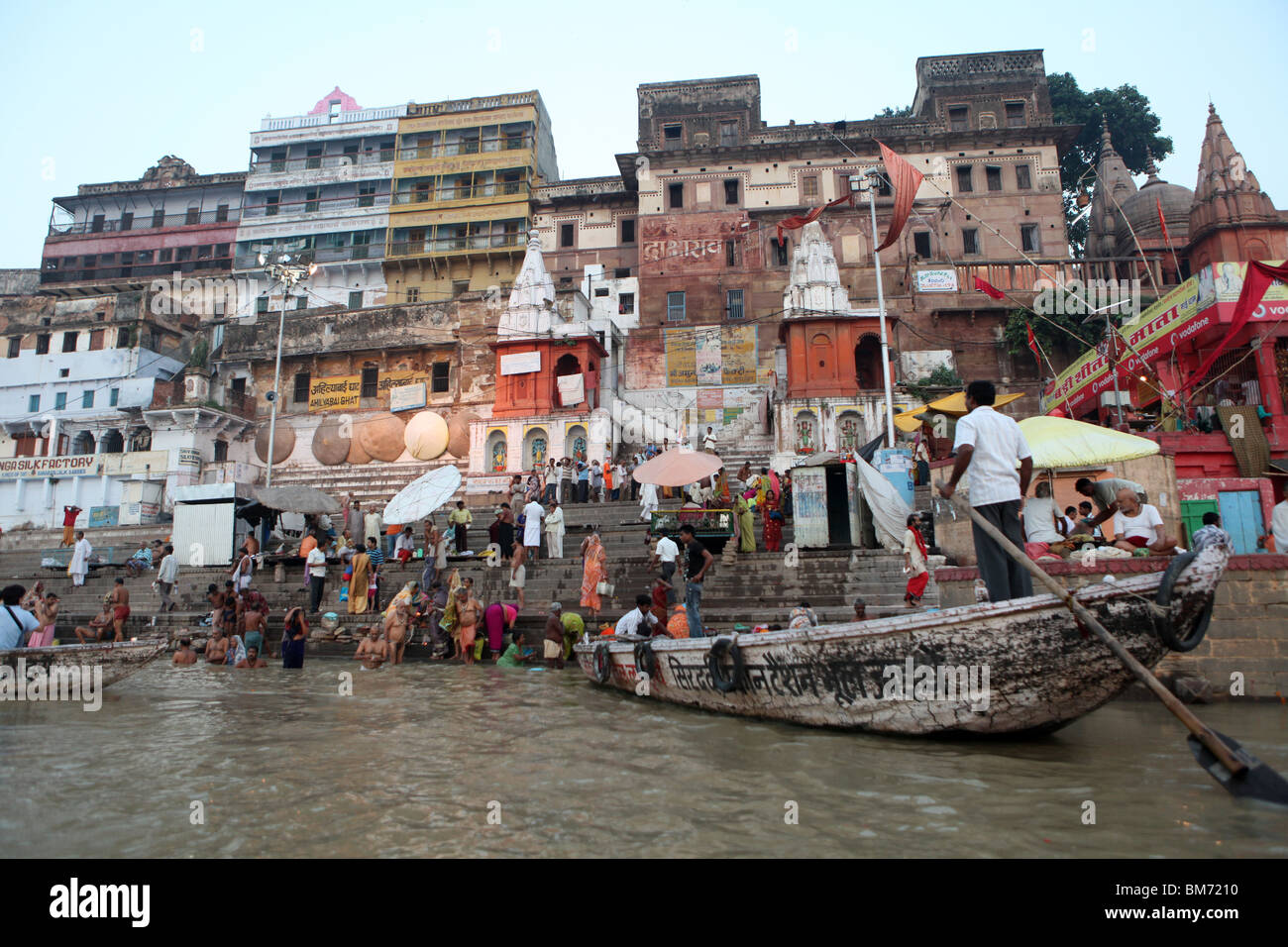 View of the ghats ( staircases ) from the Holy Ganges River in Varanasi ...