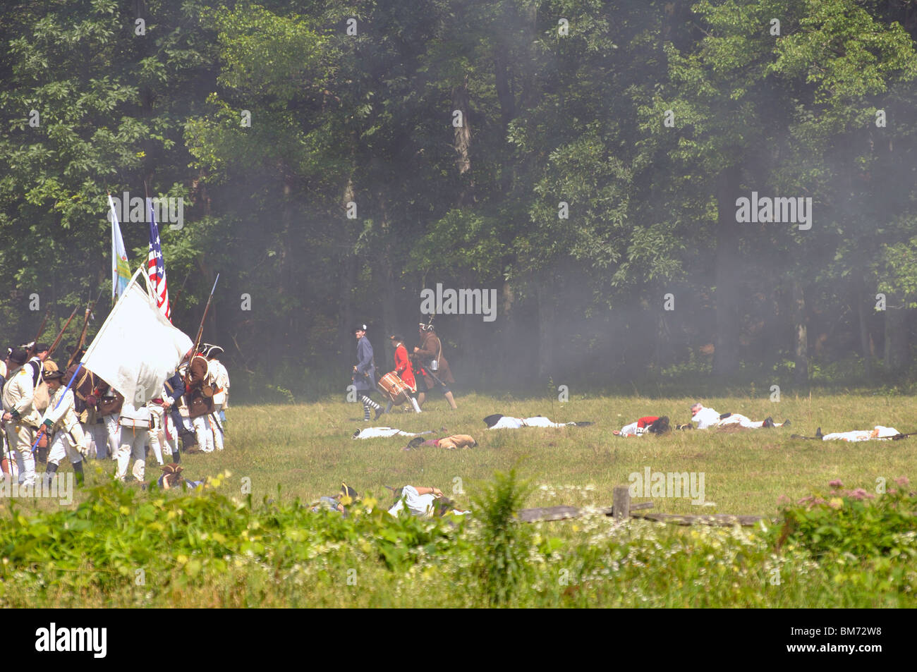 American patriots in battle - costumed American Revolutionary War era ...