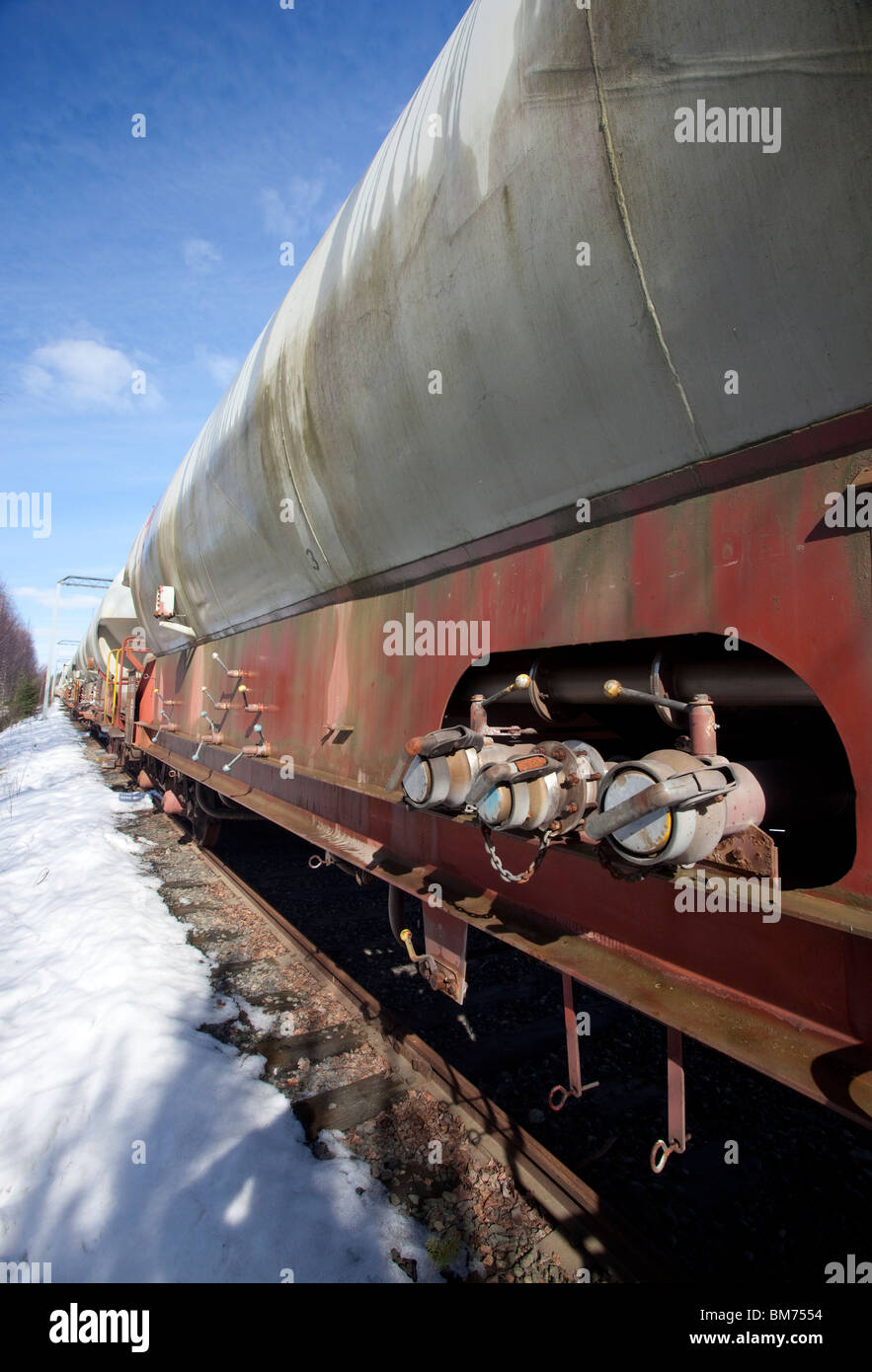 Long tanker train transporting chemicals to industry , Finland Stock ...