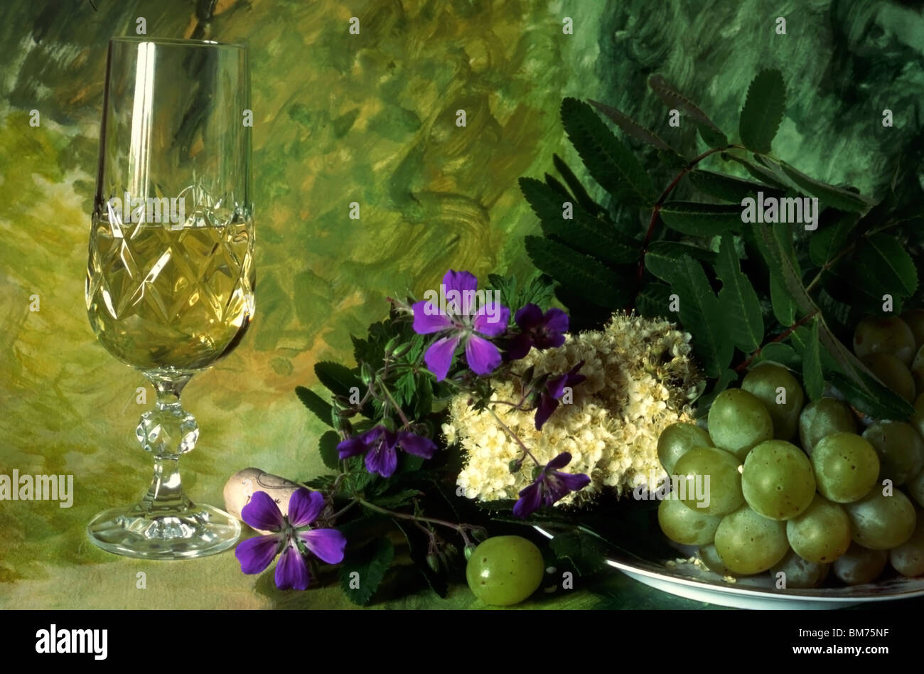 A glass of white wine and grapes on textured, painted background Stock ...