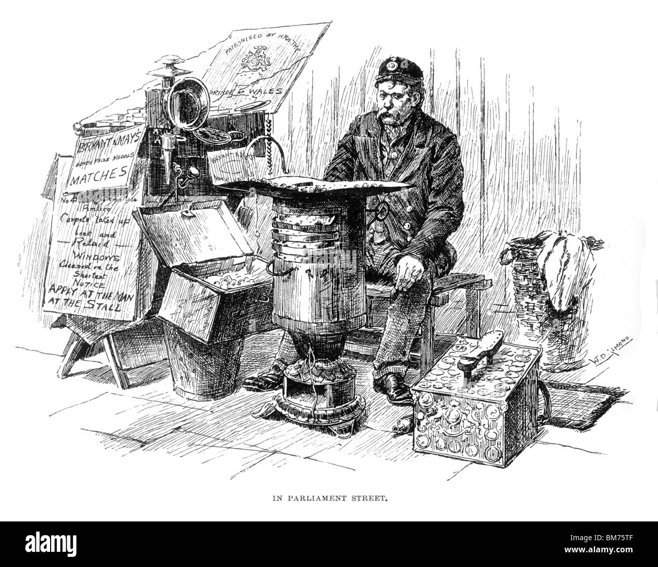 Illustration; London Street Scene; A Street seller, selling matches ...