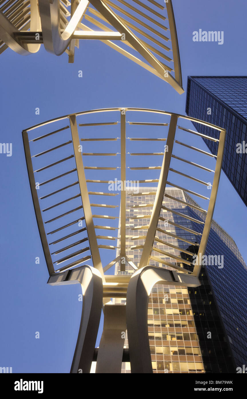 Steel "Trees" sculpture on Stephen Avenue with skyscrapers in the ...