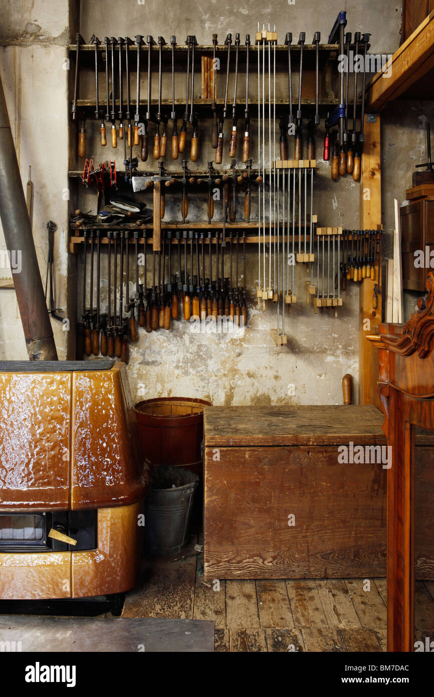 New and old vices hanging in a woodworkers workshop Stock Photo - Alamy