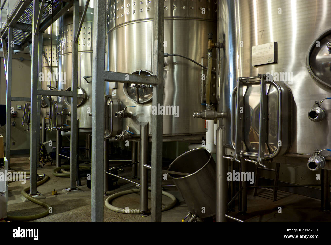 Huge stainless steel fermentation tanks at Nk'mip Winery cellar in ...