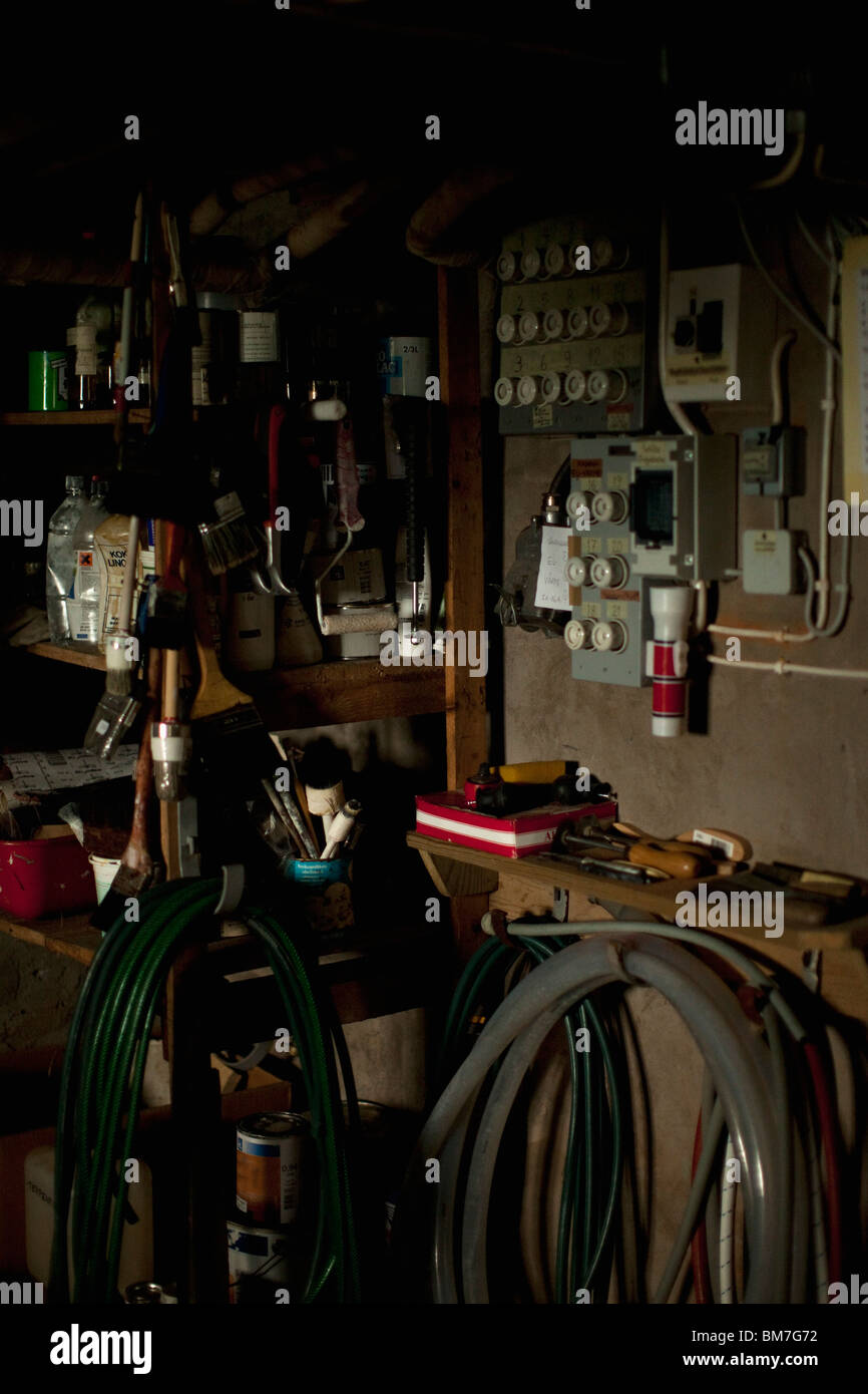Detail of tools and equipment arranged in a garage Stock Photo - Alamy