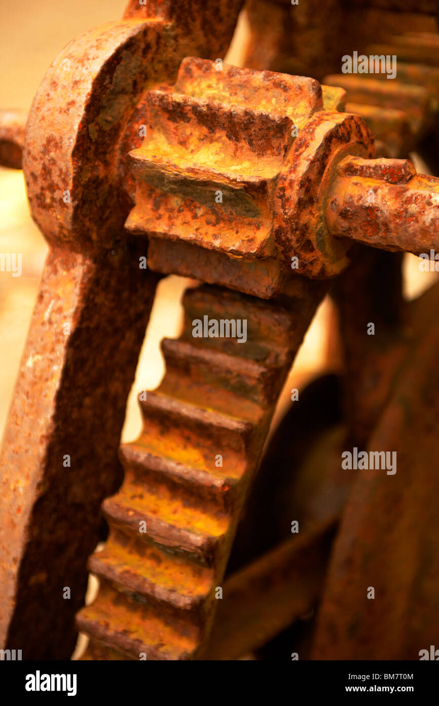 Close up detail or rusty iron work cogs and wheels Cornwall UK Stock ...