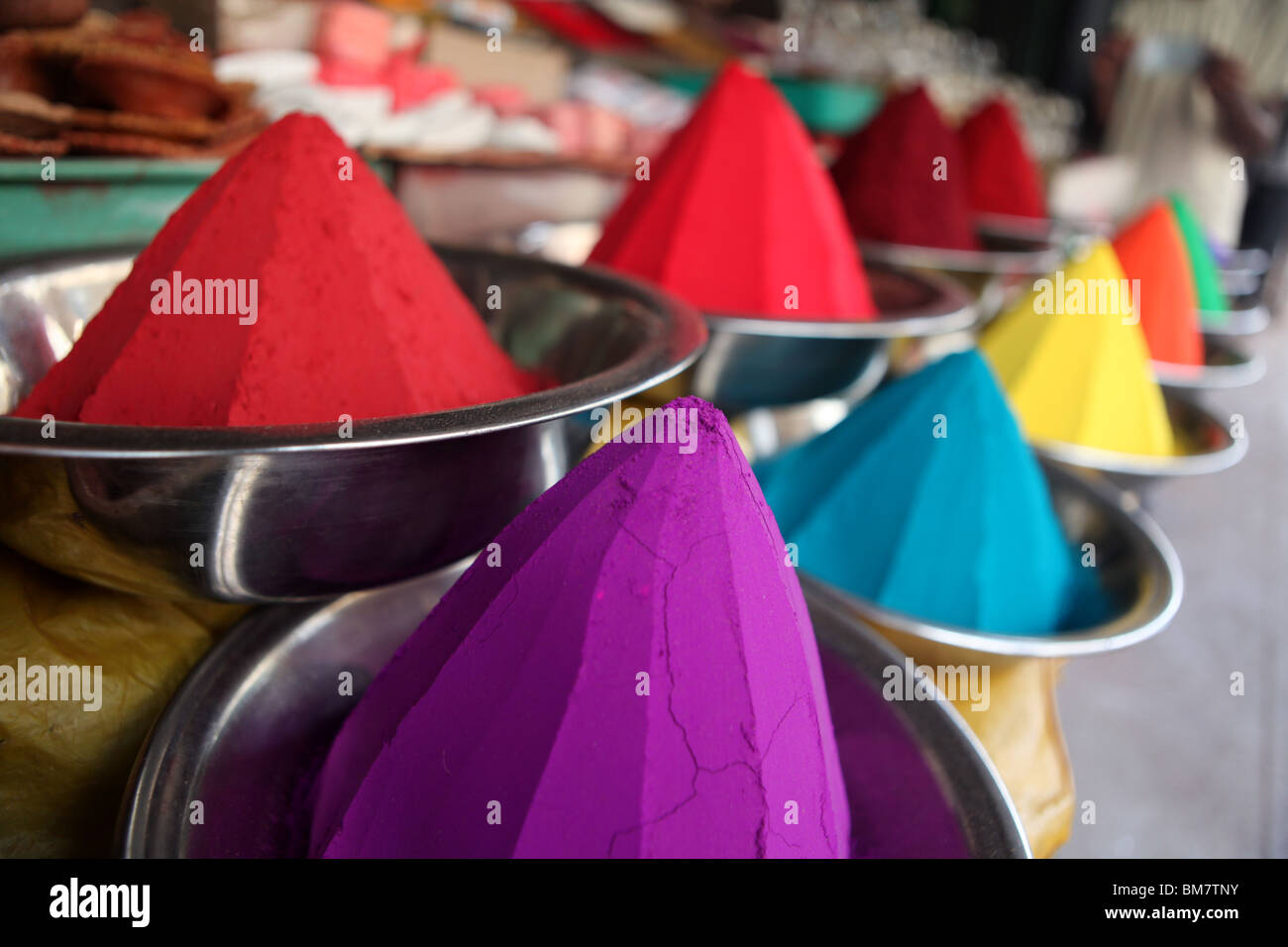 Coloured colored kumkum powder on display in Devaraja market in Mysore ...