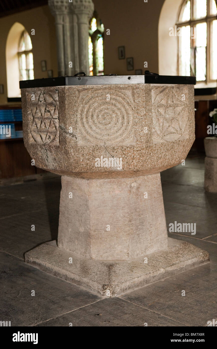 UK, Cornwall, Launceston, Lewannick church ancient stone font inscribed ...