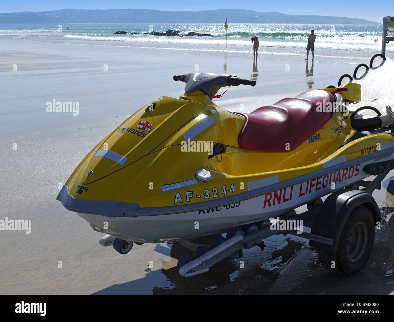 RNLI life guard jet ski Gwithian Beach Cornwall Uk Stock Photo - Alamy