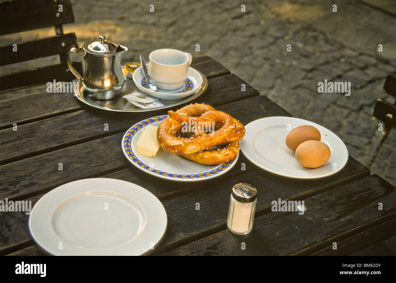 early morning European style breakfast, Germany, soft fresh pretzels ...