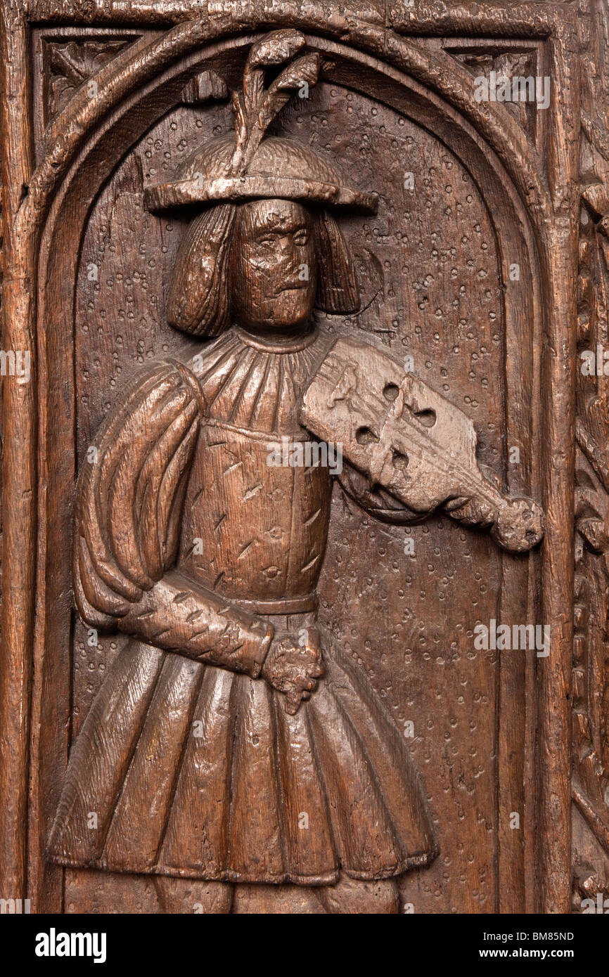 UK, Cornwall, Altarnun, St Nonna’s Parish Church, fiddler carved wooden ...