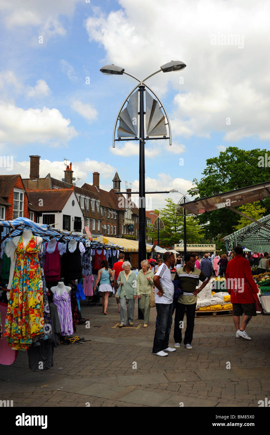 Open market stalls in the High Street in Crawley town centre West ...