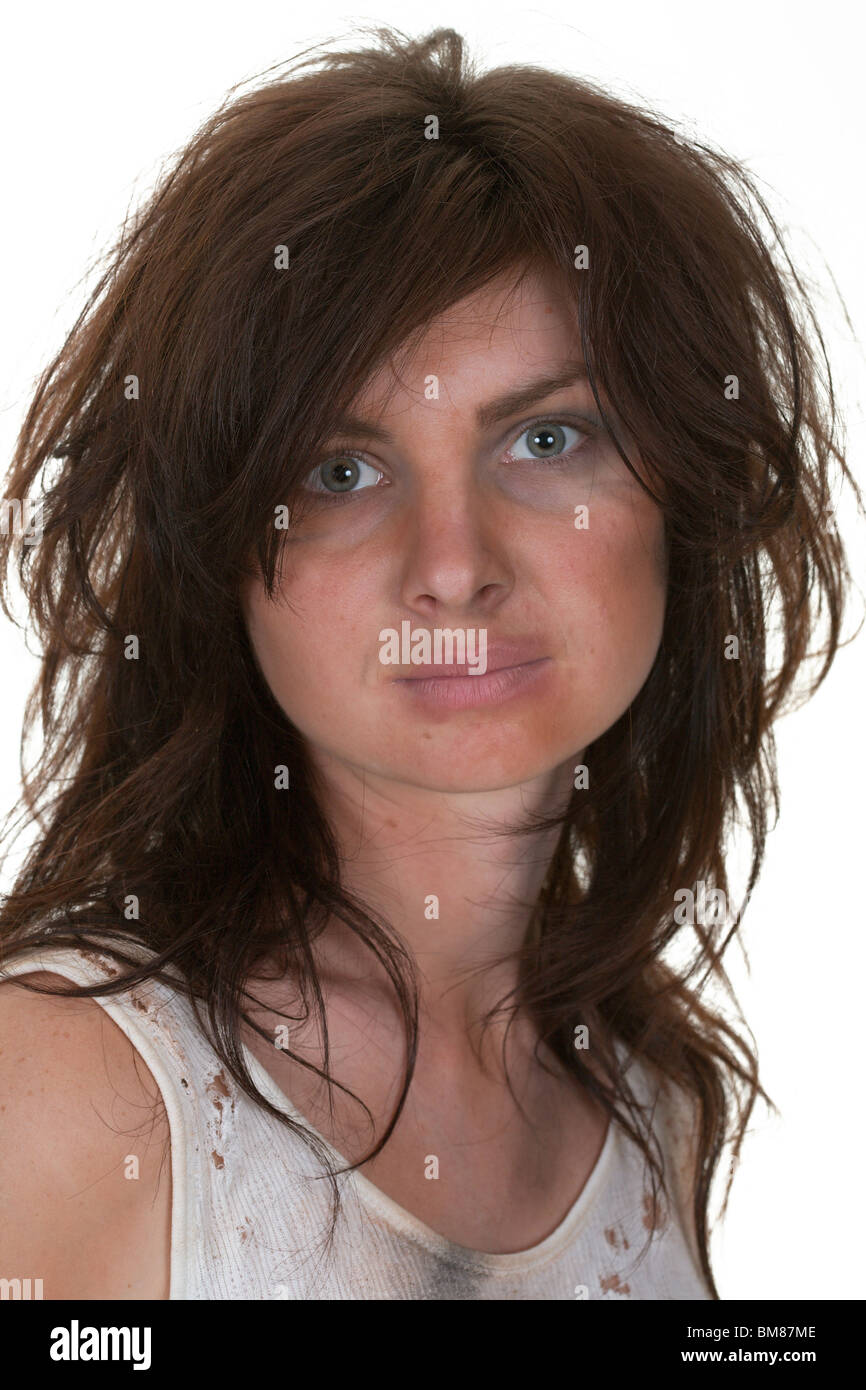 Portrait of the homeless girl in studio on a white background Stock ...