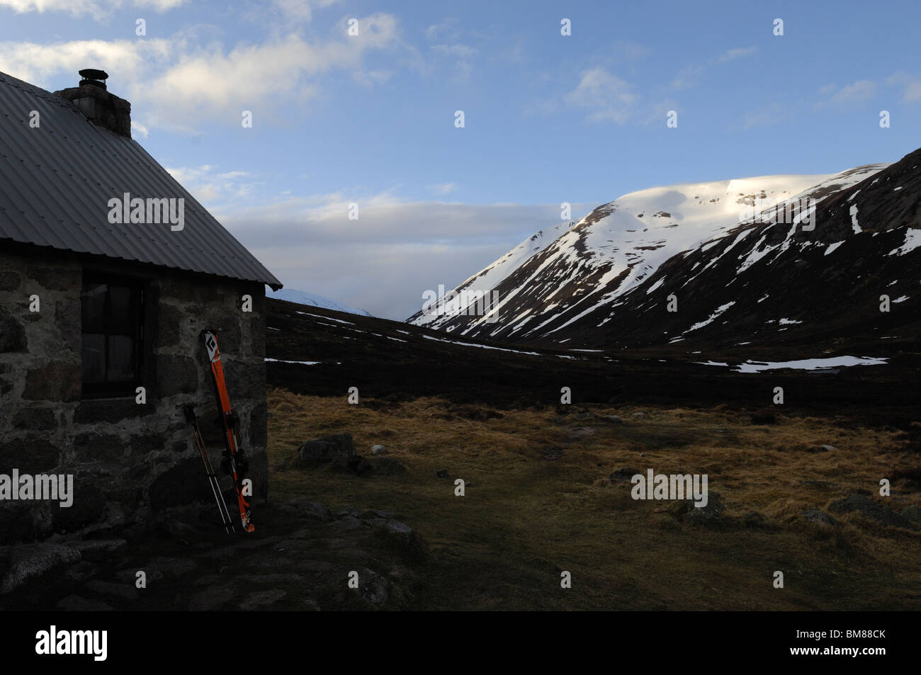 The Corrour Bothy in the Lairig Ghru with Ben Macdui covered in snow in ...