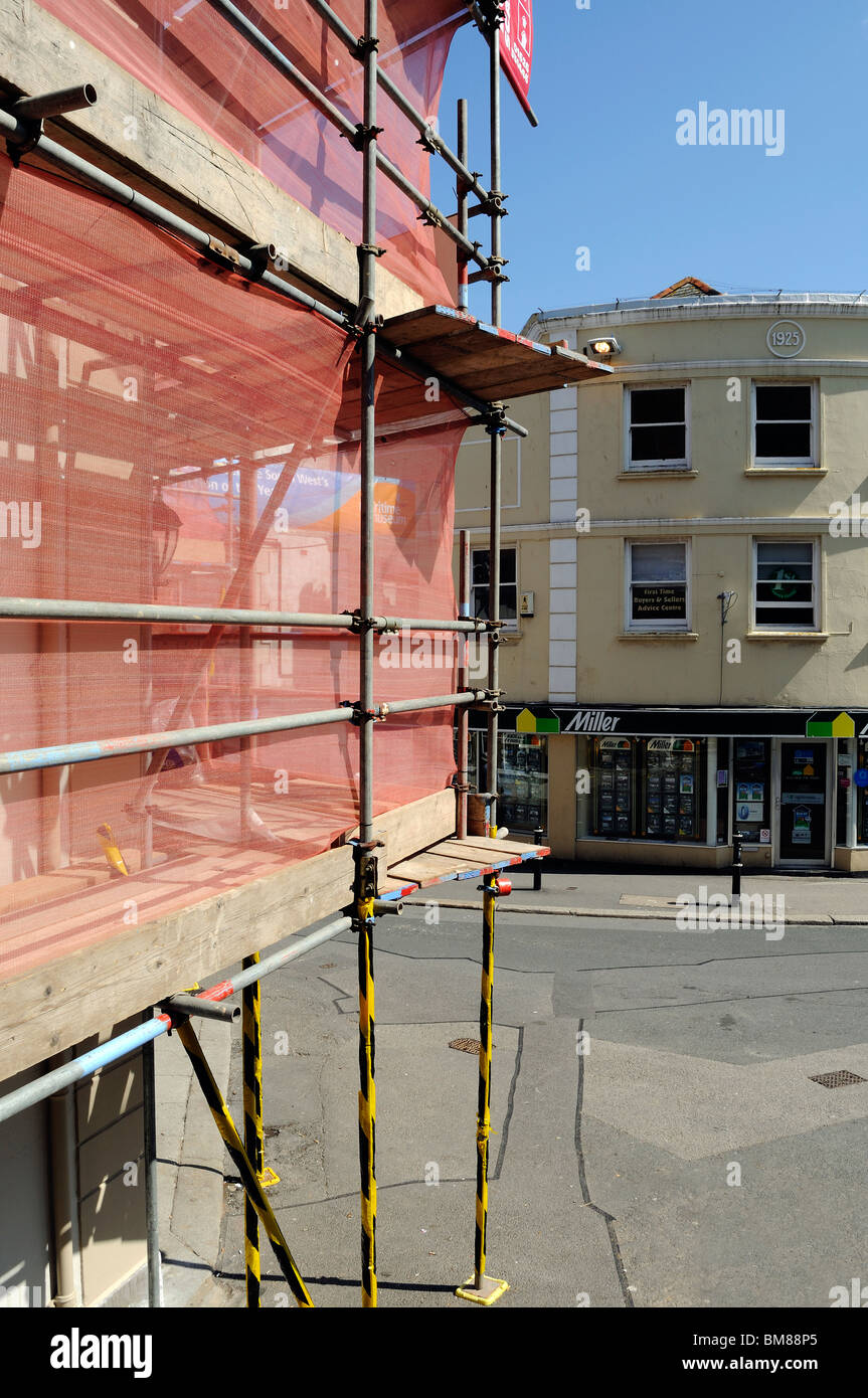 protective scaffold outside a building in the town centre of falmouth ...