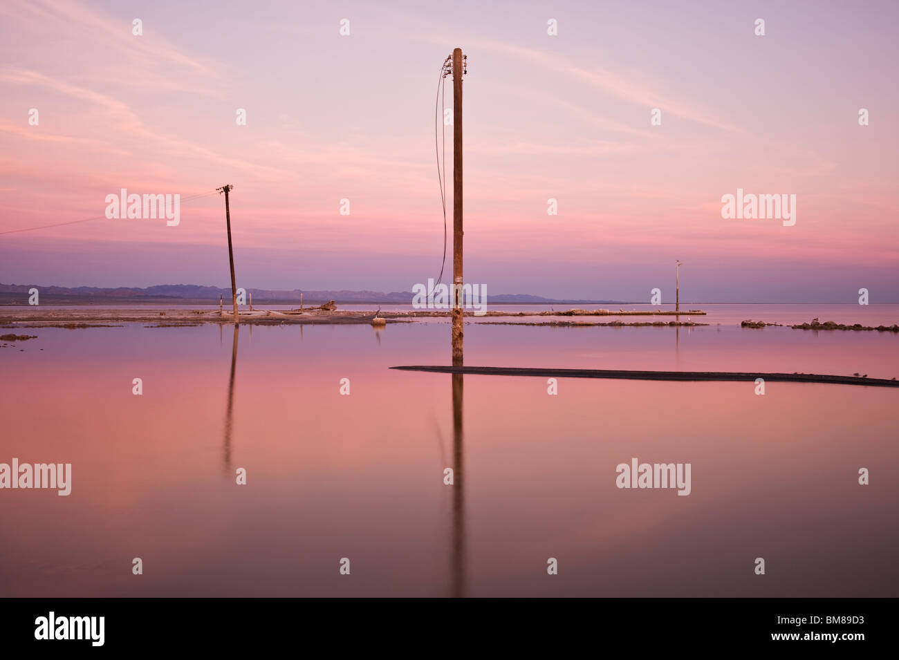 Abandoned telephone poles in water, Bombay Beach, Salton sea ...