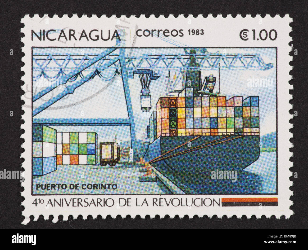 Postage stamp from Nicaragua depicting a freighter at dock Stock Photo ...