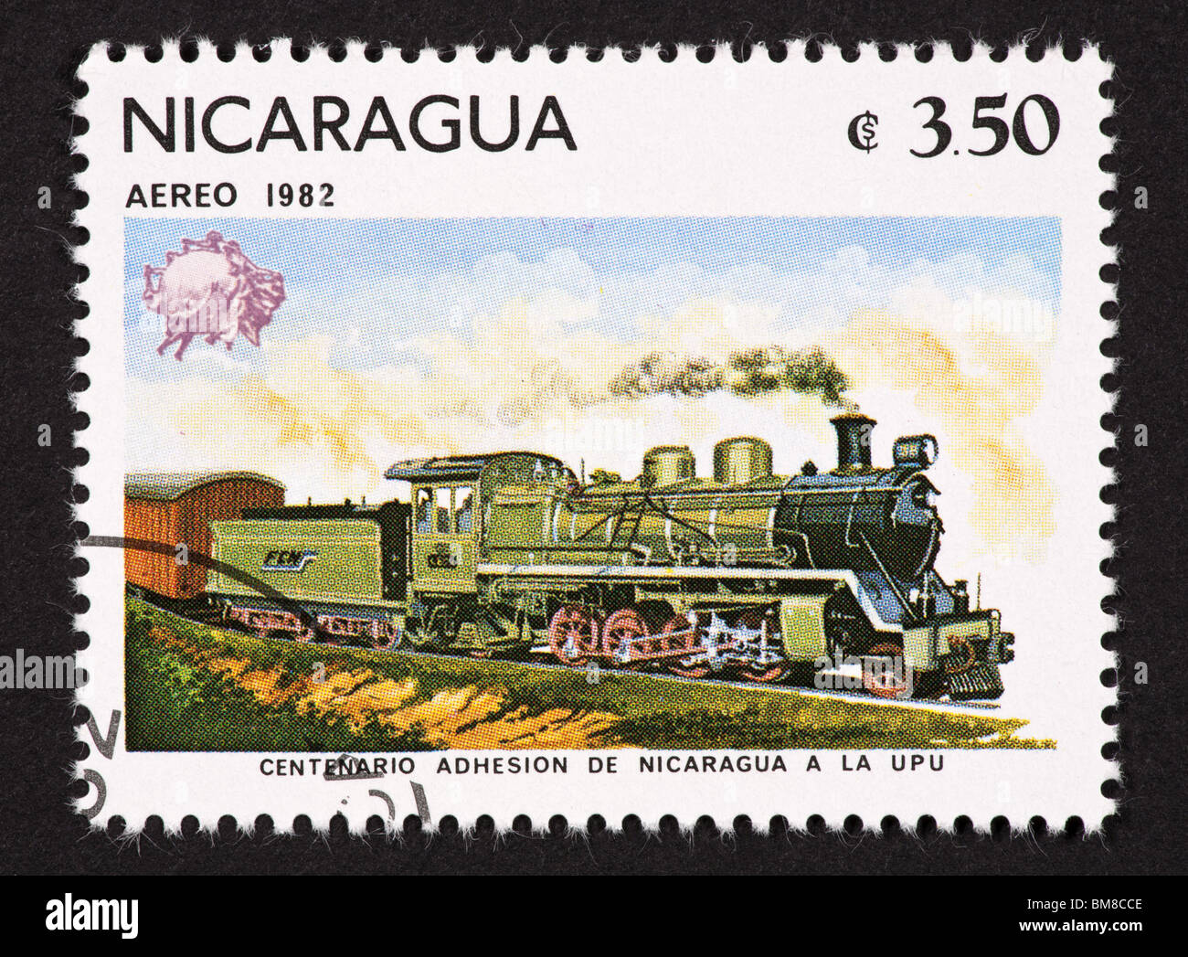 Postage stamp from Nicaragua depicting a steam engine and coal tender ...