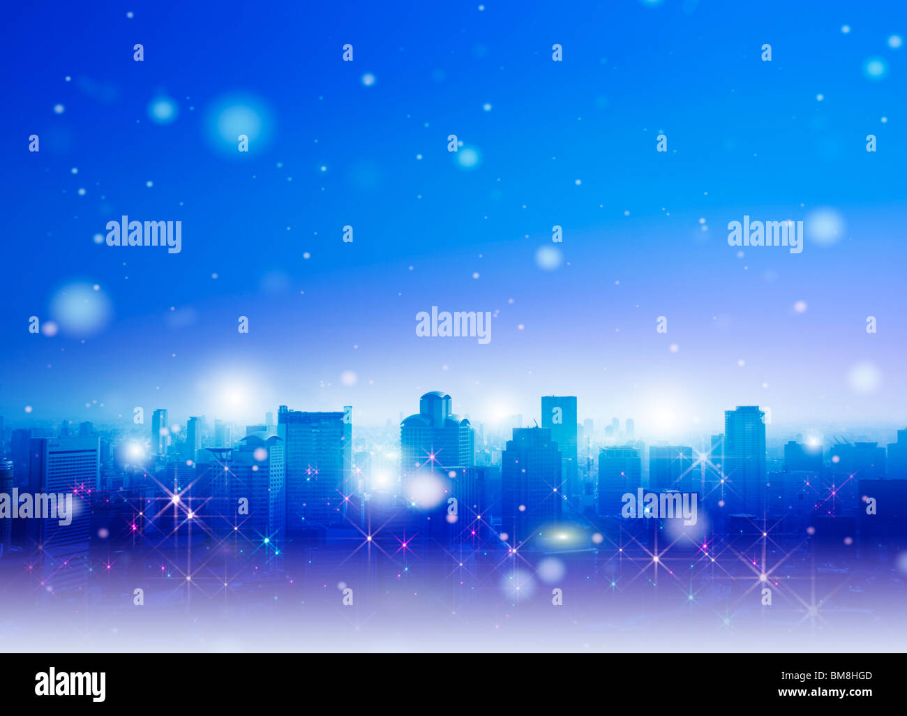 Snow falling in city, CG Stock Photo - Alamy