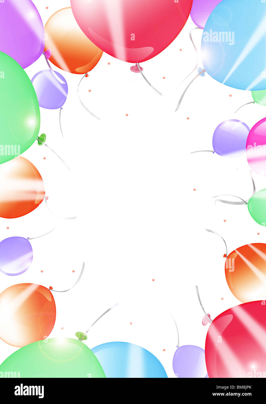 Frame of colorful balloons, white background, copy space, computer ...