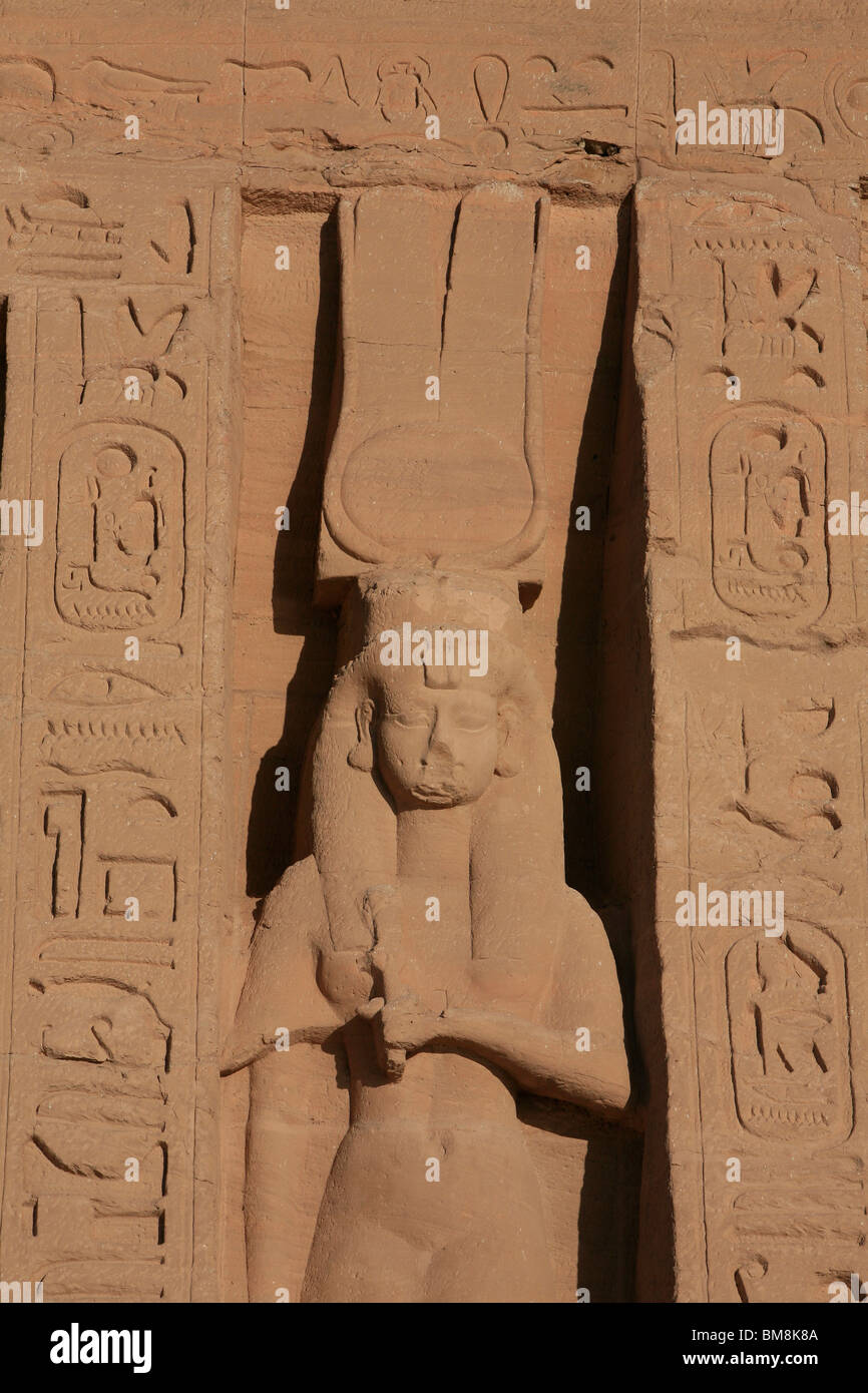Close-up of a statue of queen Nefertari outside the Temple of Nefertari ...