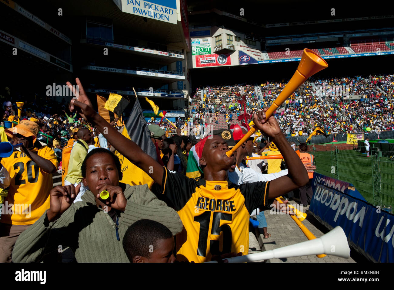 Crowd scene football supporters with Vuvuzela Cape Town South Africa ...
