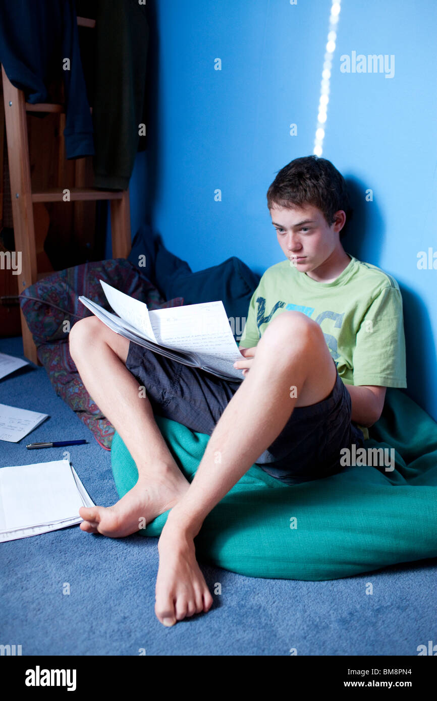teenage boy revising for GCSE examinations in bedroom Stock Photo - Alamy