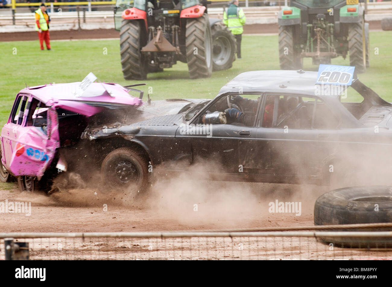 old jaguar crashing into a volvo estate car at a banger race Stock ...