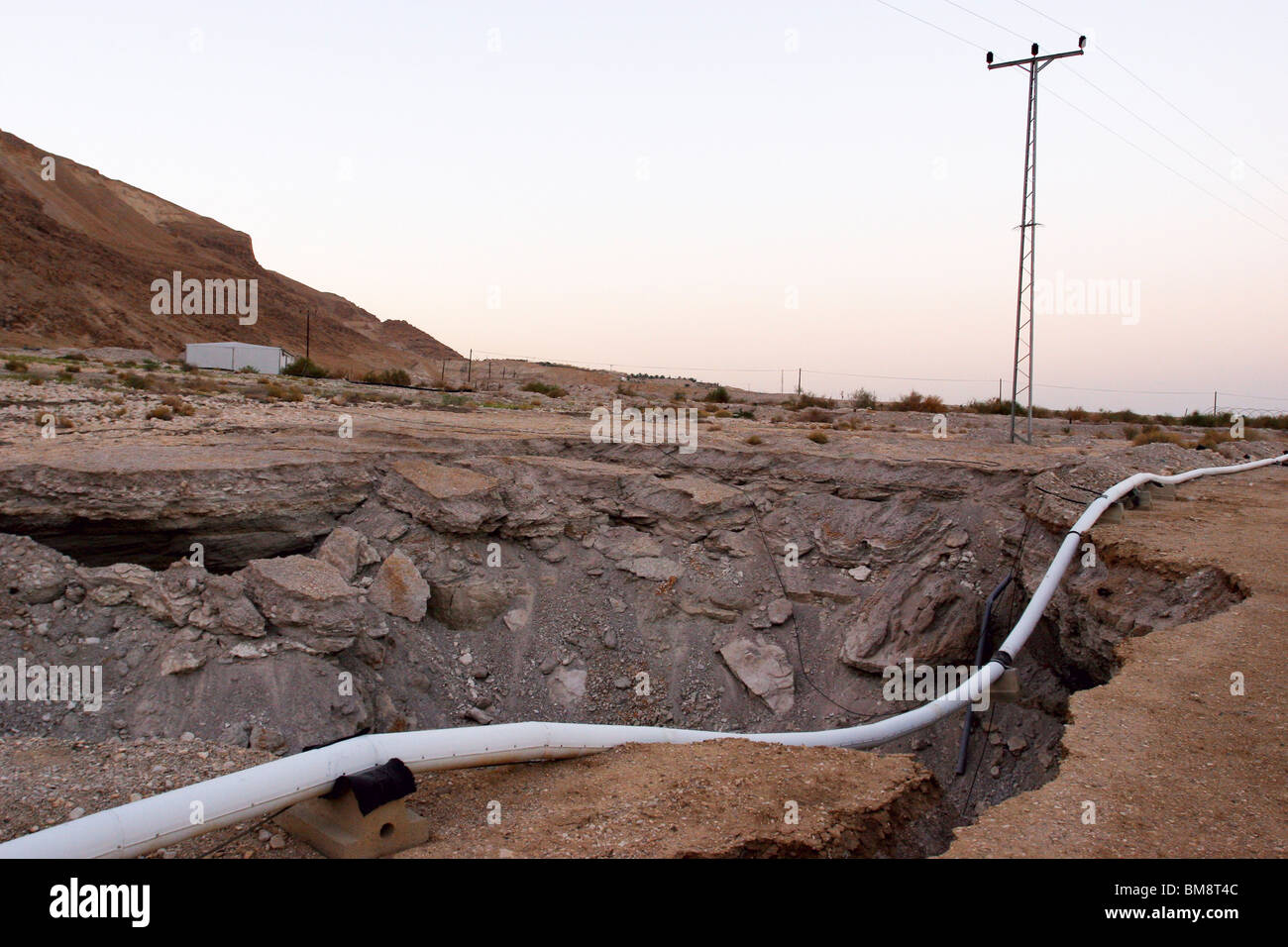 Israel, Dead Sea Damage caused by a sinkhole. The sinkholes are caused ...