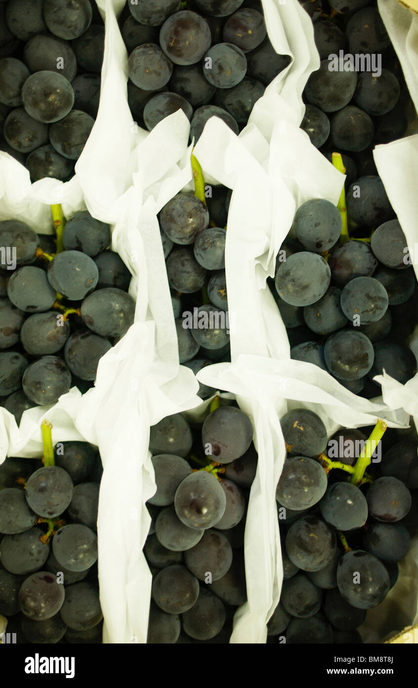 Bunches of grapes wrapped in papers, close up, full frame Stock Photo ...